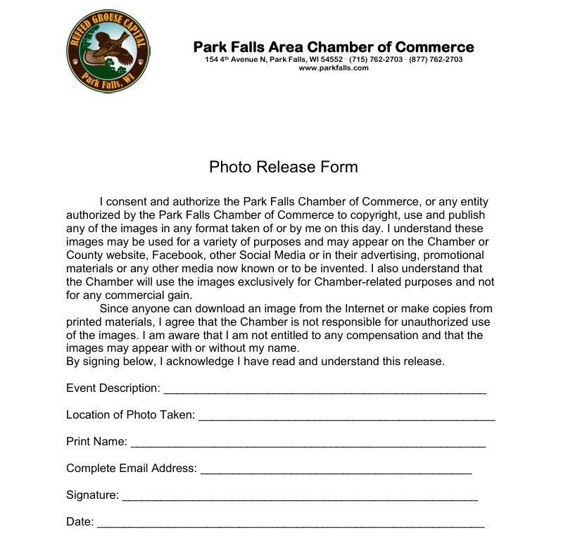 Photo Release Form - Park Falls Area Chamber of Commerce